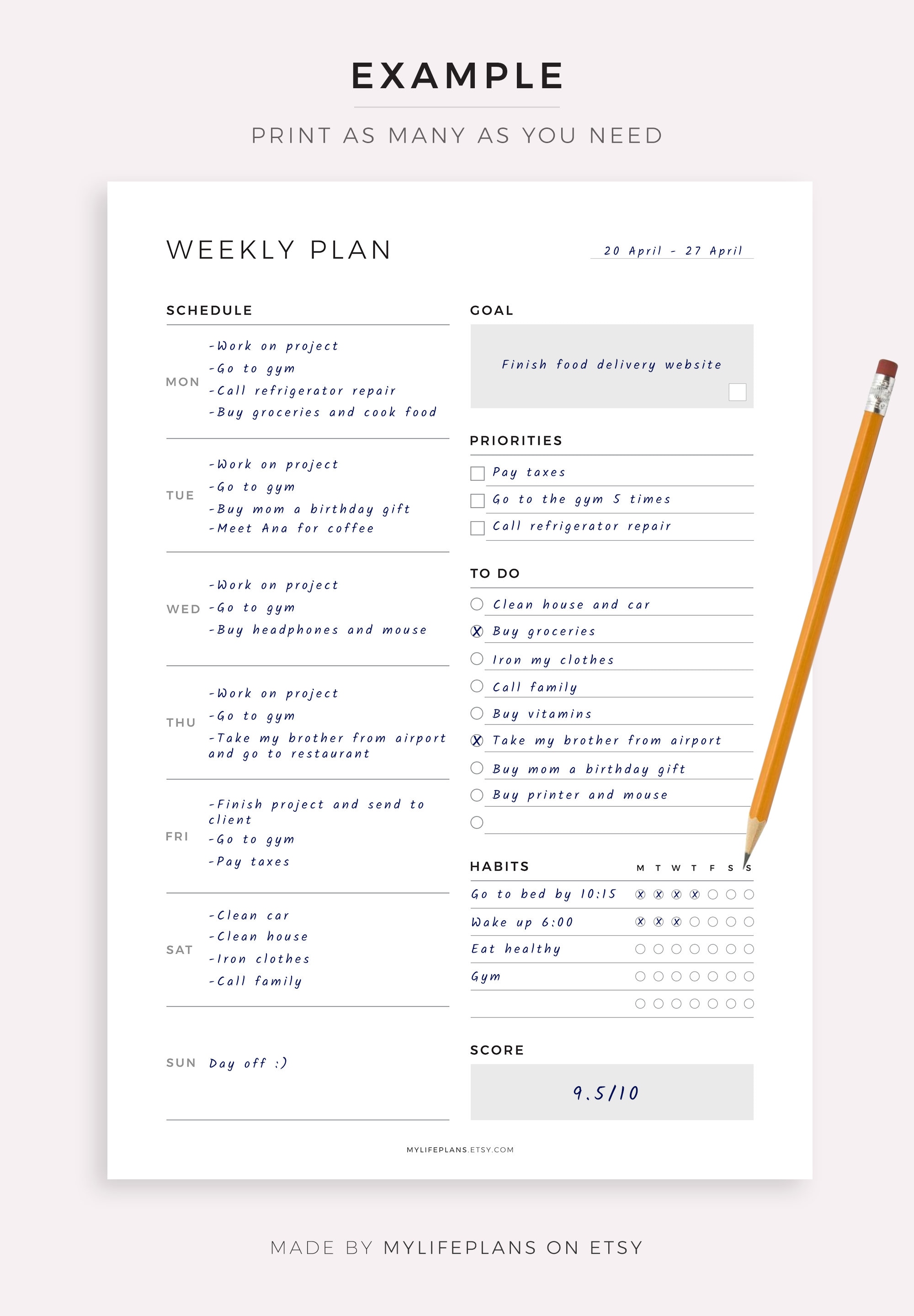 Productivity Weekly Planner Printable Weekly Goal Planner | Etsy