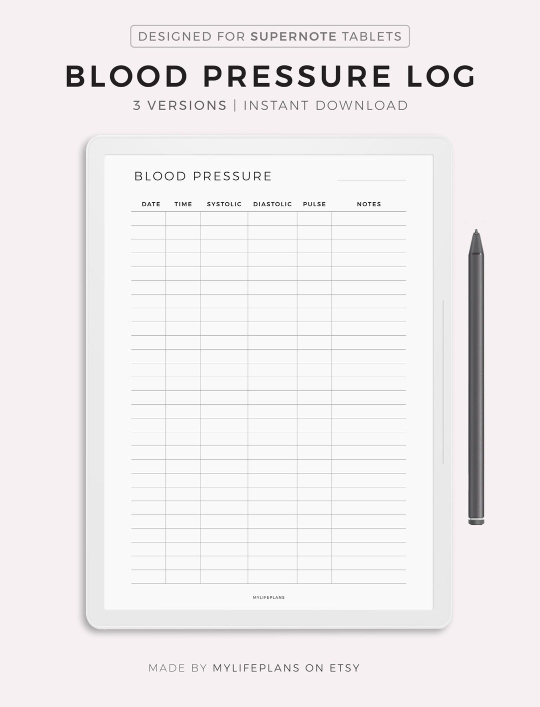 Blood Pressure Log for Supernote A5X2/A5X/A5/A6X2/A6X/A6, Daily Blood ...