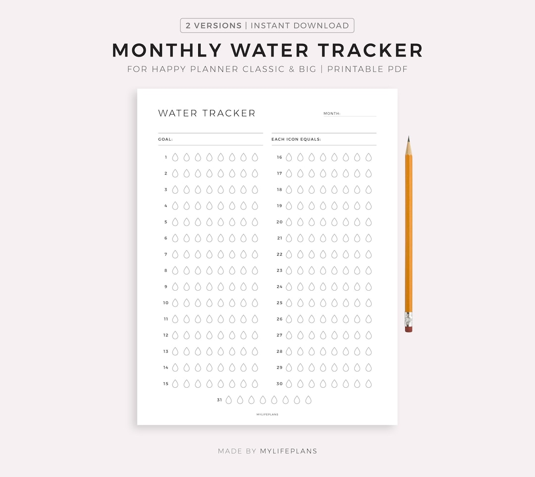 Monthly Water Tracker, Printable Template for Happy Planner Classic ...