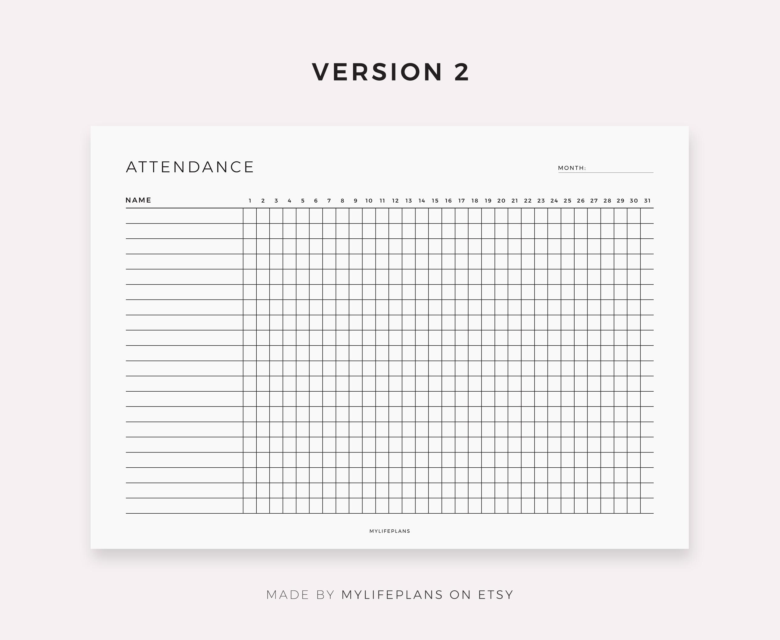 Monthly Employee Attendance Log Landscape - Working Days, Days Off ...