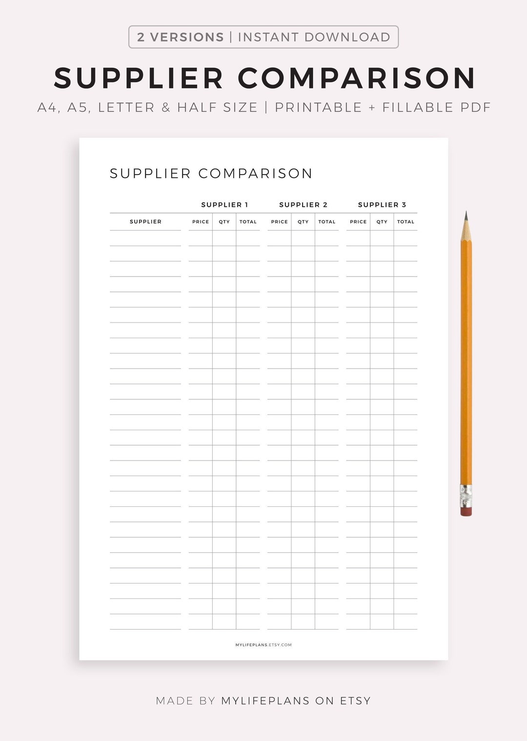 Supplier Comparison Sheet Printable & Fillable, Compare Suppliers for ...