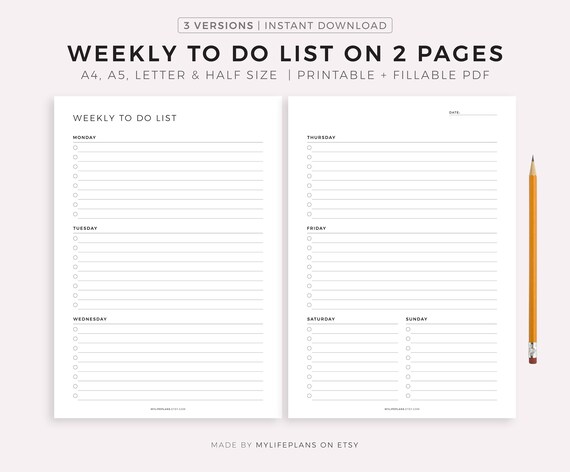 Weekly to Do List on 2 Pages Printable & Fillable PDF Minimal - Etsy