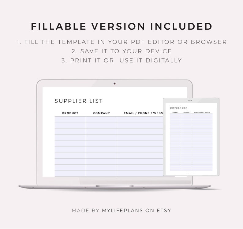 Supplier List Printable, Supplier Information Log, Supplies Vendor ...