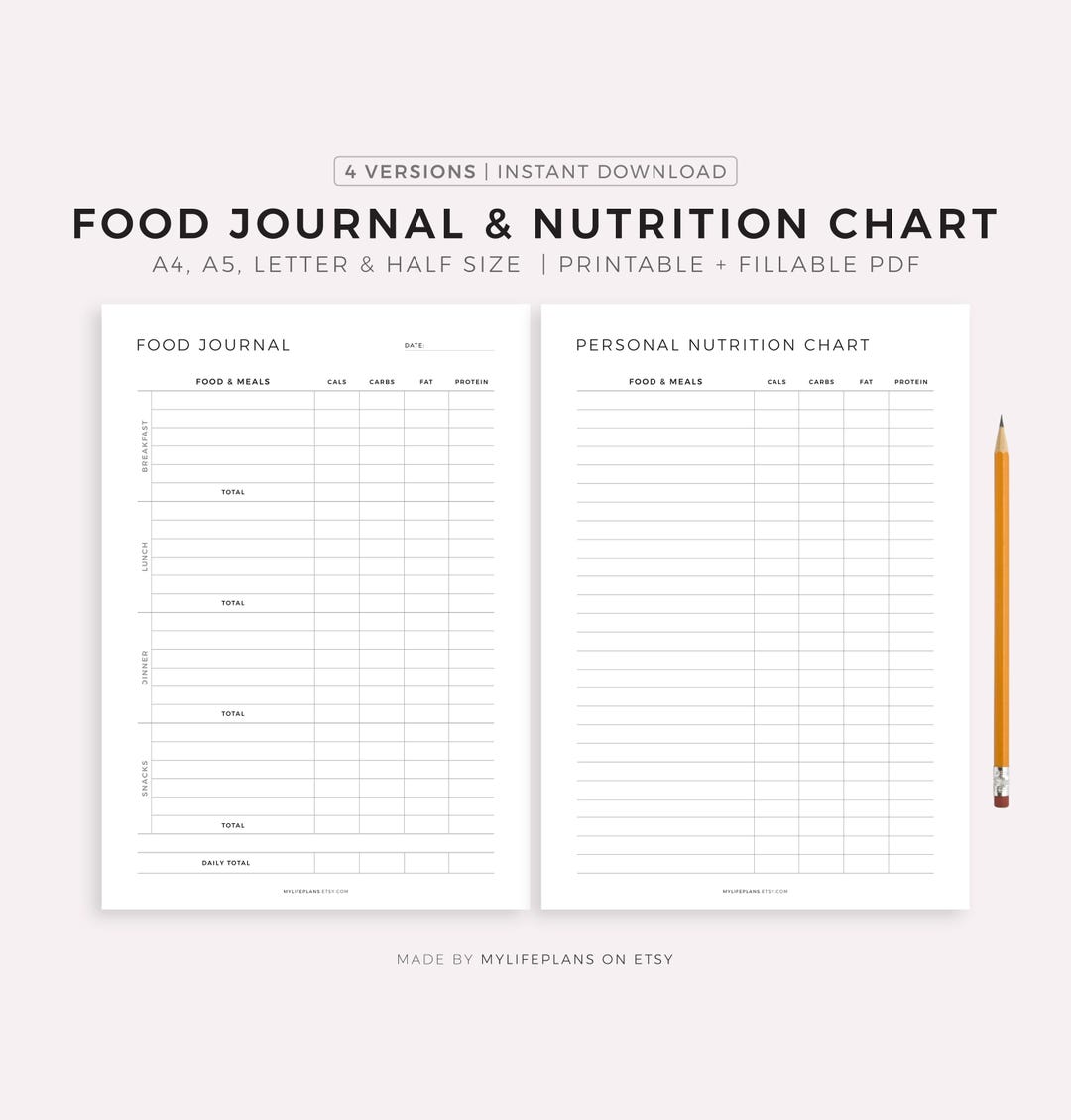 Daily Food Journal & Nutrition Chart Printable Template, Food Log, Meal ...