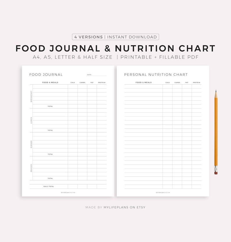 Daily Food Journal & Nutrition Chart Printable Template, Food Log, Meal ...
