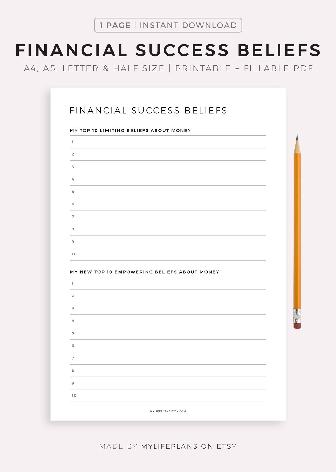 Financial Success Beliefs, Money Mindset, Plan for Success, A4/a5 ...