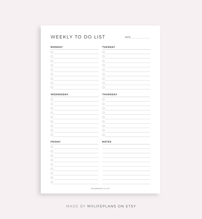 Five Day Week to Do List Printable, Minimal Weekly Planner Template ...