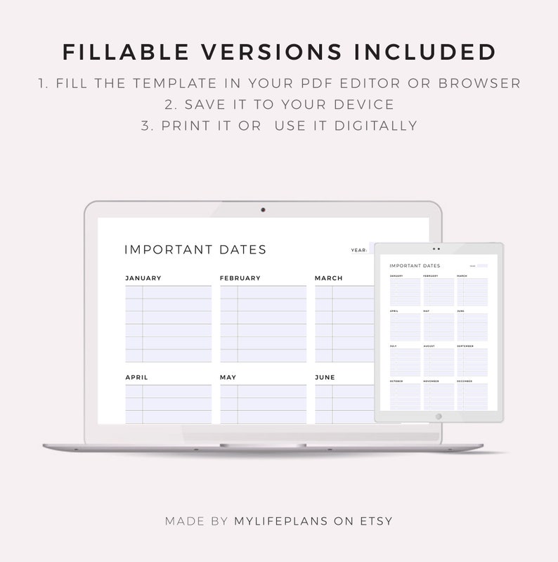 Yearly Important Dates Printable - Birthdays, Anniversaries, Travels ...
