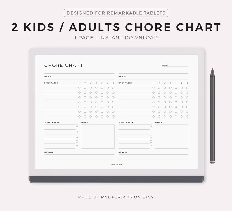 Chore Chart for 2 Kids / Adults, Compatible With Remarkable 2, Instant ...
