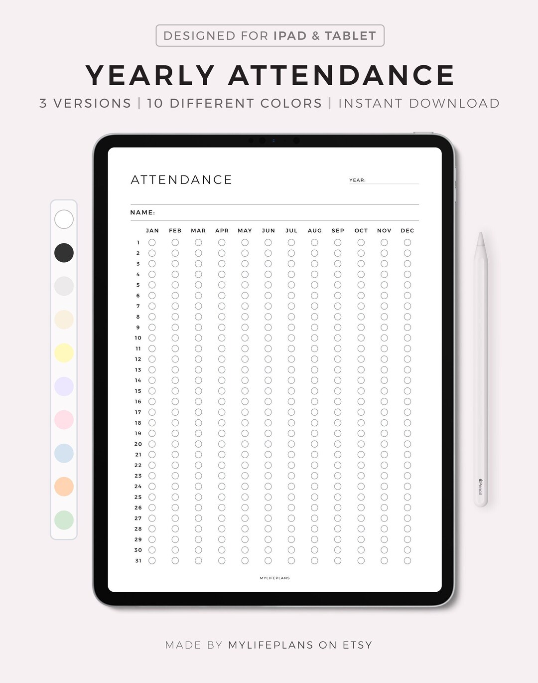 Yearly Employee Attendance Log - Working Days, Days Off, Vacations, Ect ...