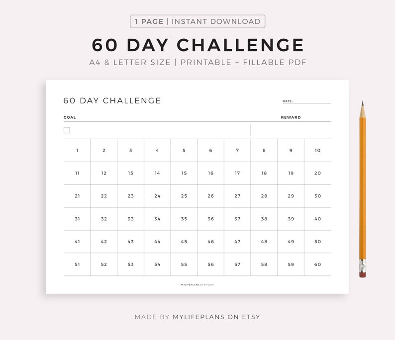 60 Day Challenge Printable Landscape Goal Setting Progress - Etsy
