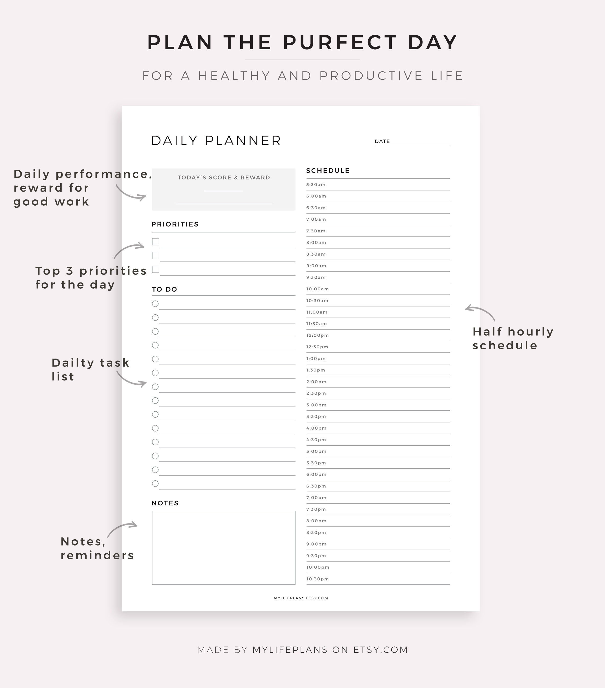 Daily Hourly Planner Printable, Work Daily Planner, Daily Organizer ...