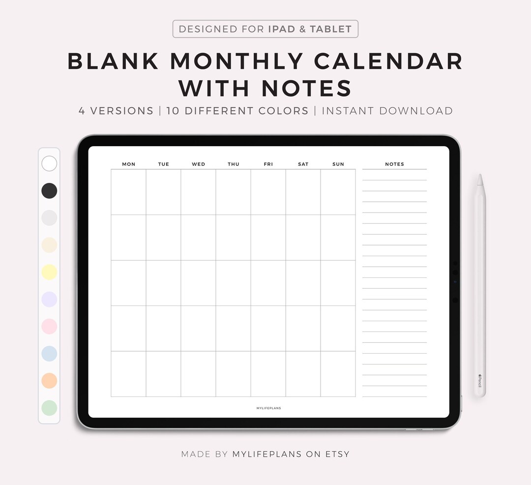 Blank Monthly Calendar for Ipad, Goodnotes, Notability, Monday/sunday ...