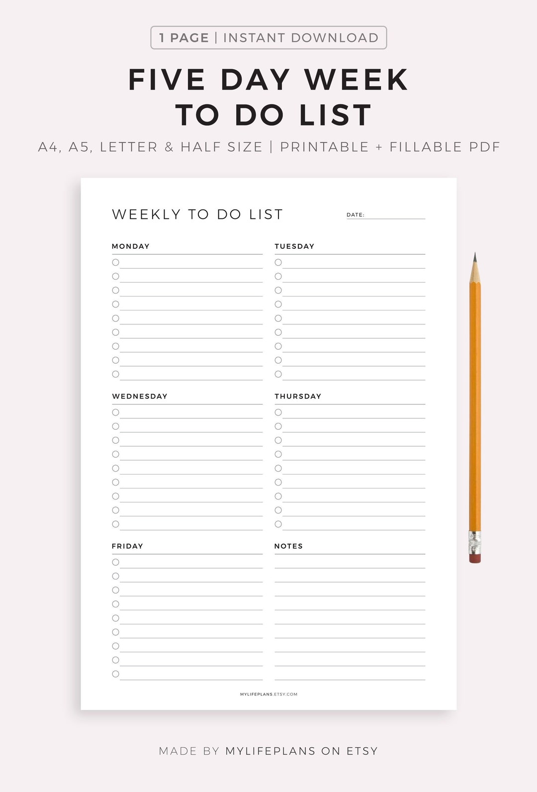 Five Day Week to Do List Printable, Minimal Weekly Planner Template ...