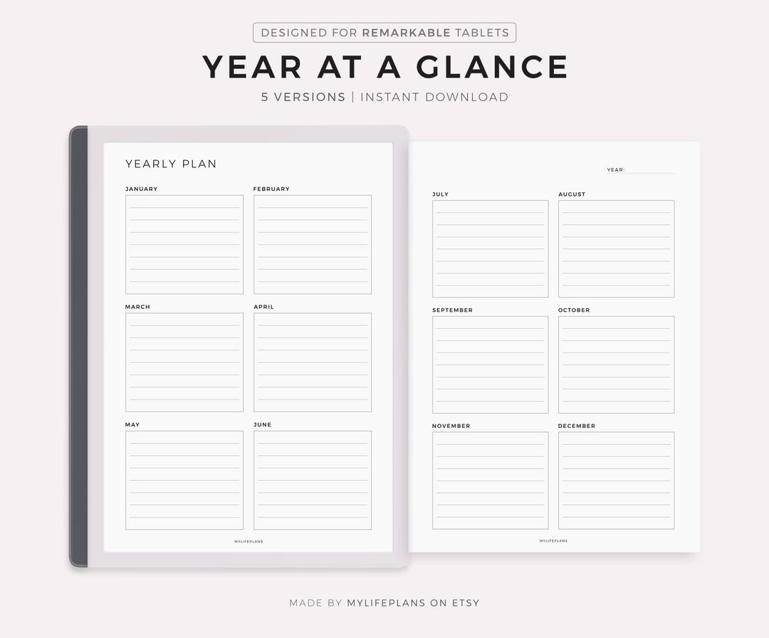 Year at a Glance Planner for Remarkable 2, Two Page Yearly Planner, 12 ...