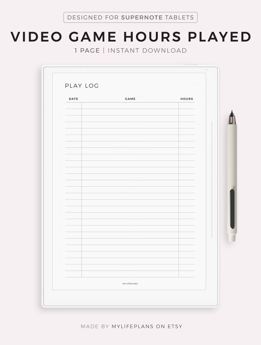 Video Game Hours Played Tracker, Supernote Template A5/A5X/A6/A6X/A6X2 ...