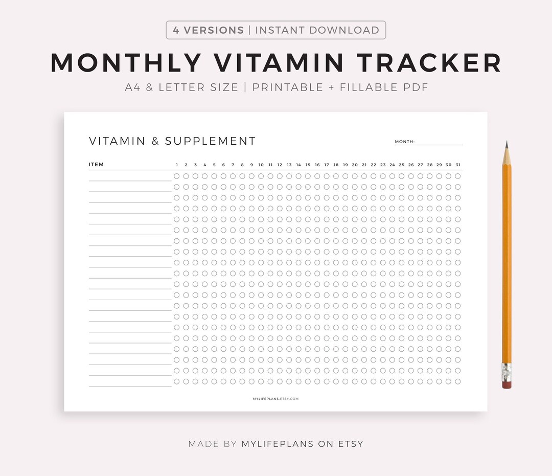 Monthly Vitamin Tracker Printable Landscape, Supplement Checklist ...