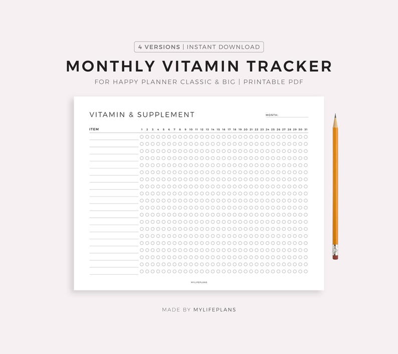 Monthly Vitamin Tracker, Landscape, Printable Template for Happy ...