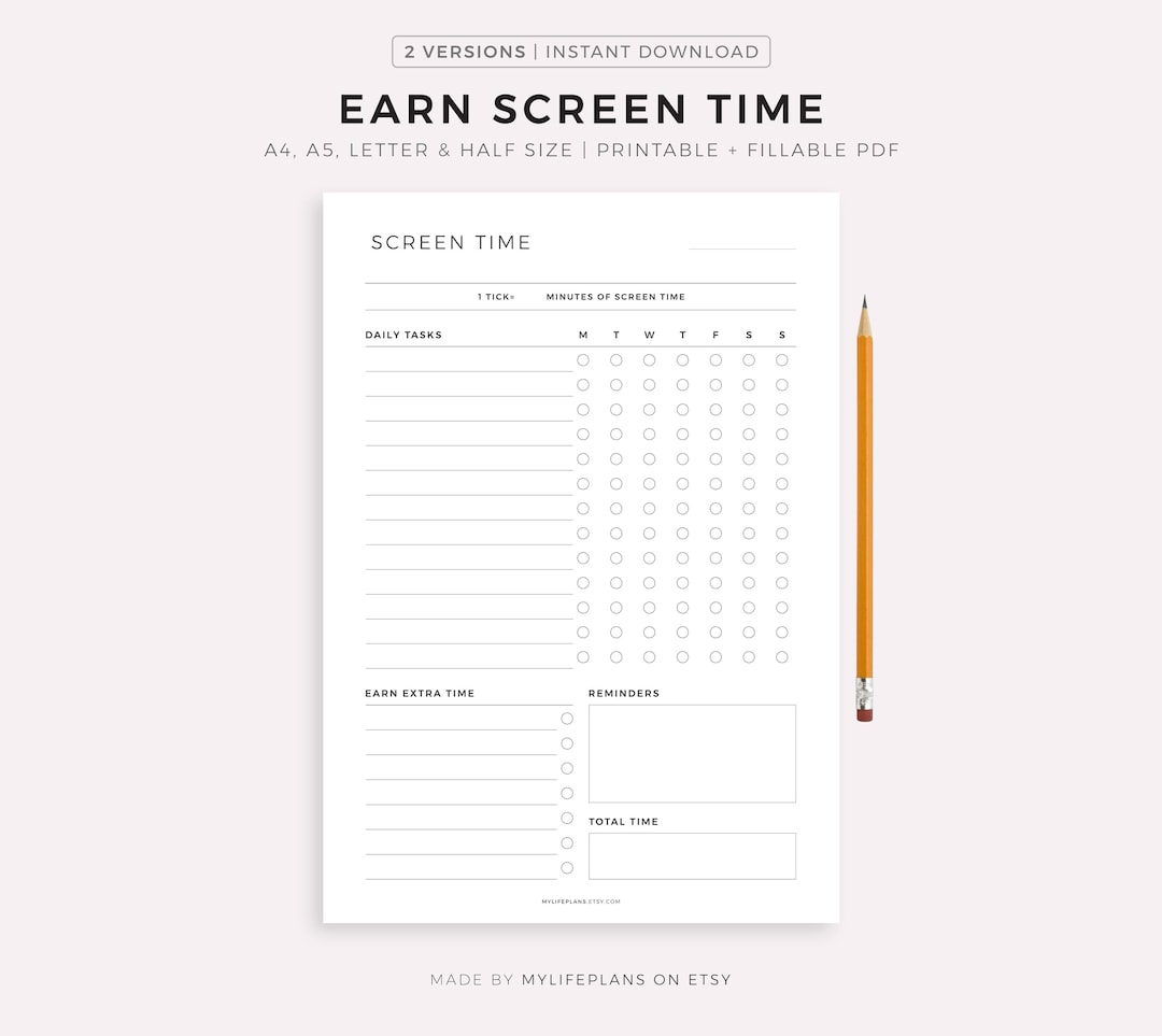 Earn Screen Time Checklist for Teenagers / Kids, Screen Time Chore ...