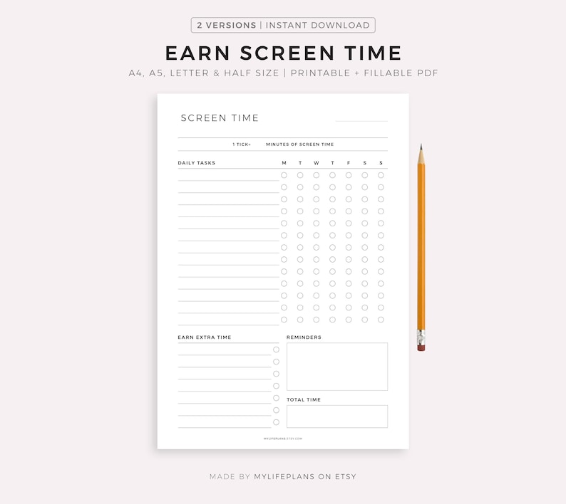 Earn Screen Time Checklist for Teenagers / Kids, Screen Time Chore ...