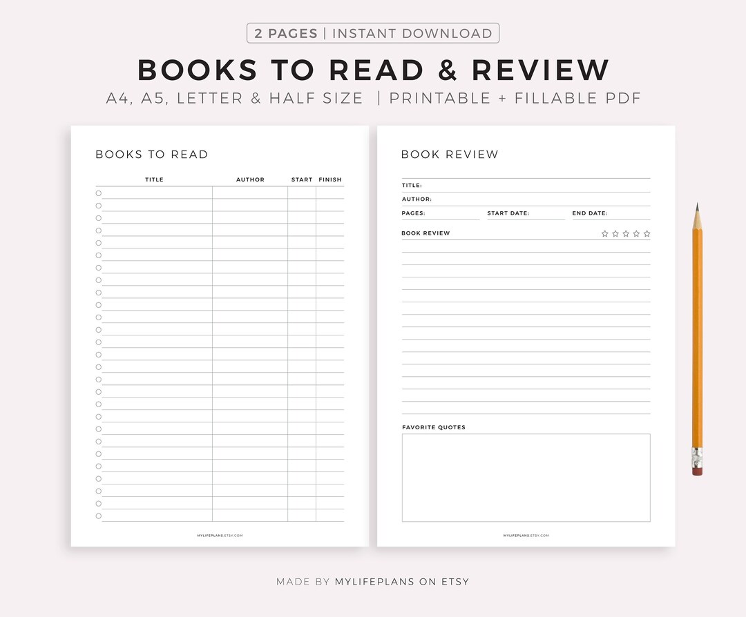 Books to Read List & Book Review Page Printable and Fillable PDF, A4/a5 ...