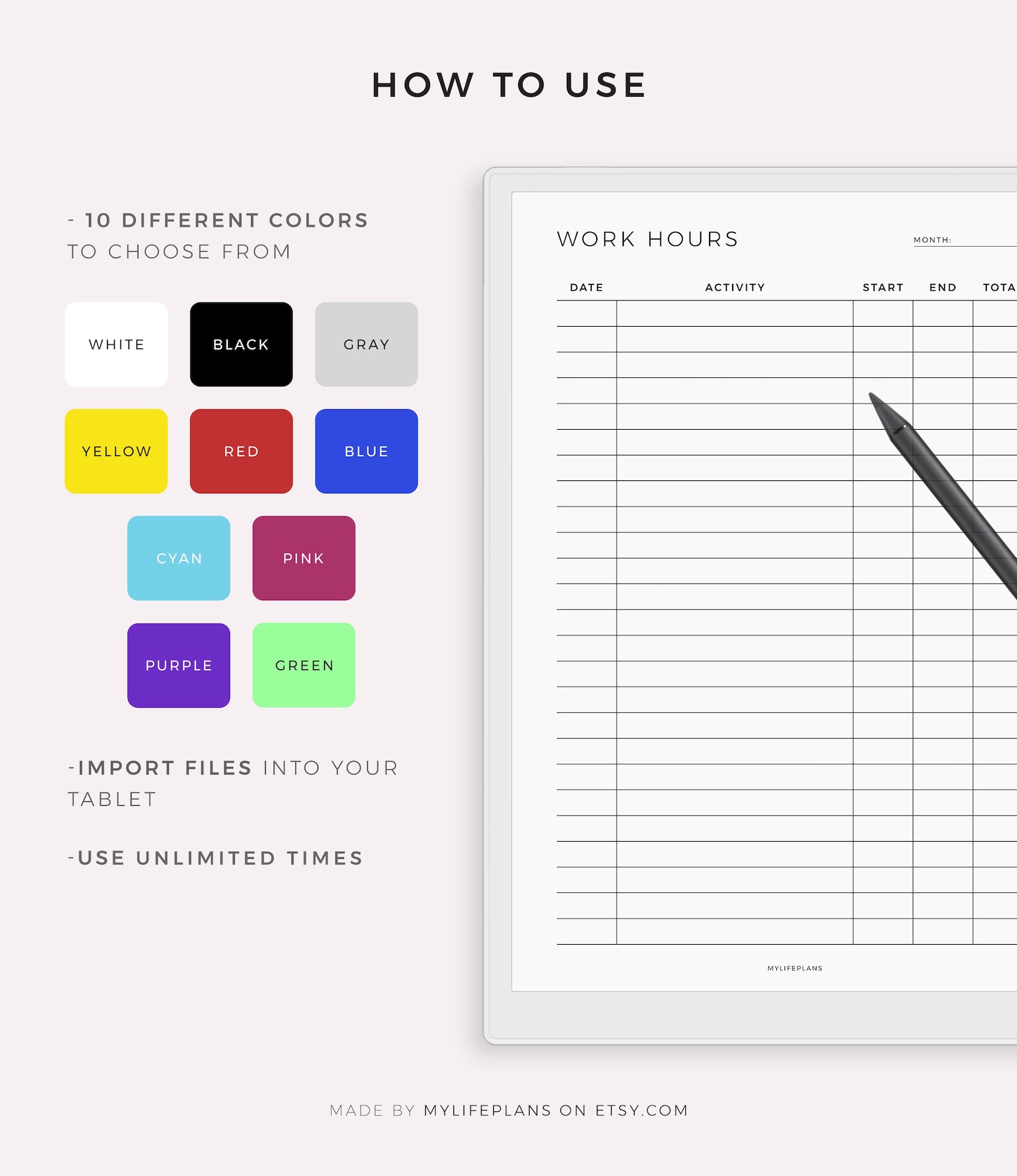 Working Hours Log for Remarkable Paper Pro, Work Time Tracker, Activity ...