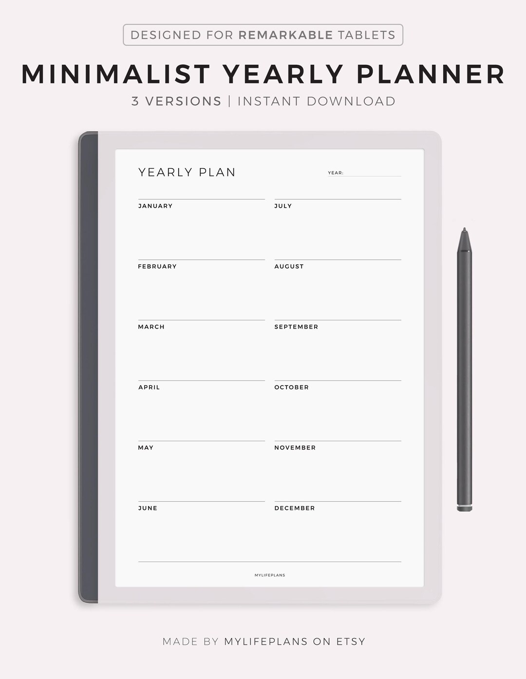 Minimalist Yearly Planner on One Page, Year at a Glance, Annual ...