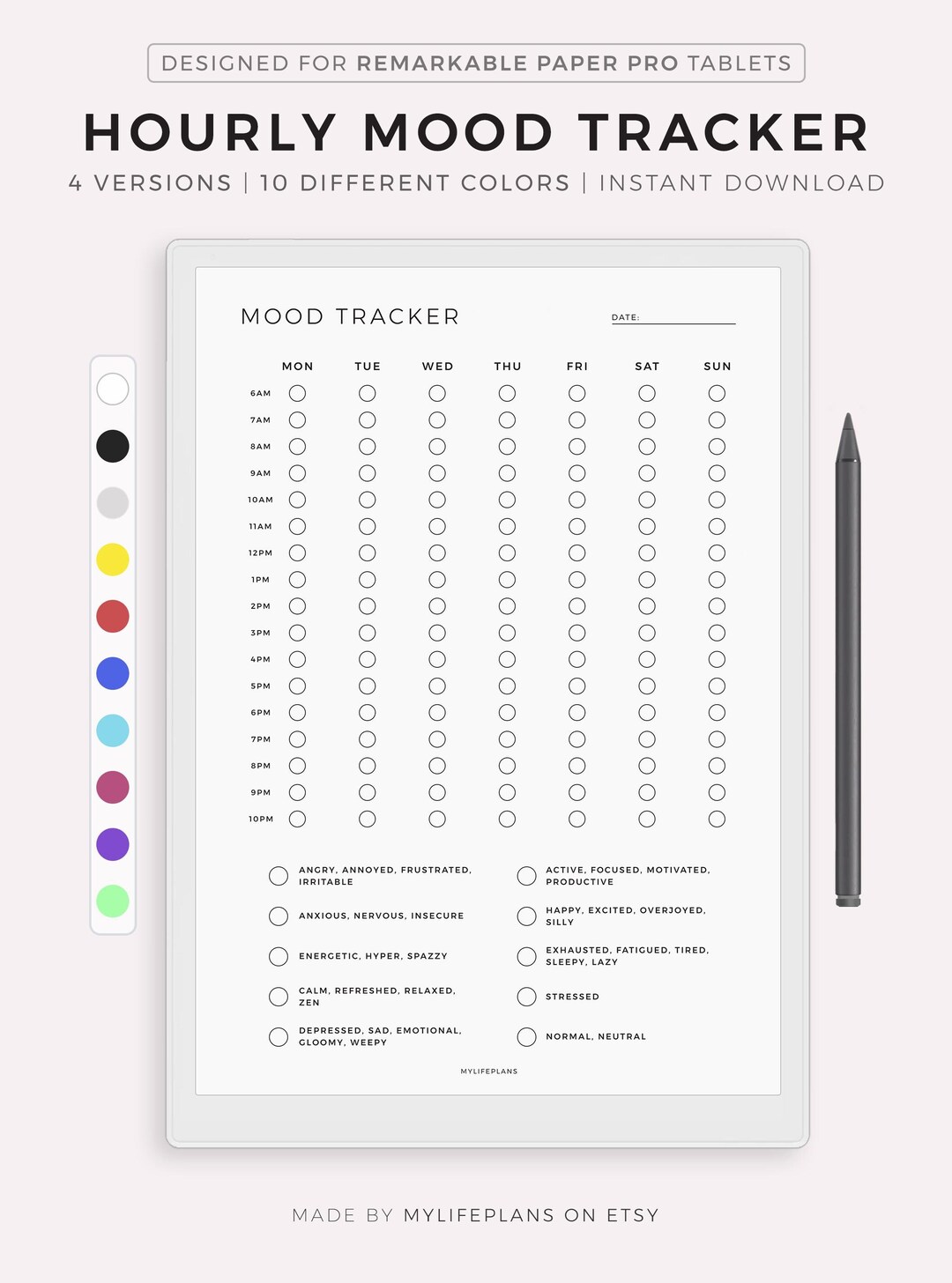 Hourly Mood Tracker for Remarkable Paper Pro, Weekly Mood Journal ...