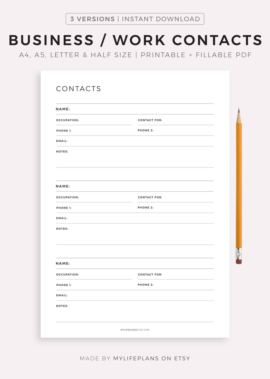 Business / Work Contacts Printable & Fillable Template PDF, A4/a5 ...