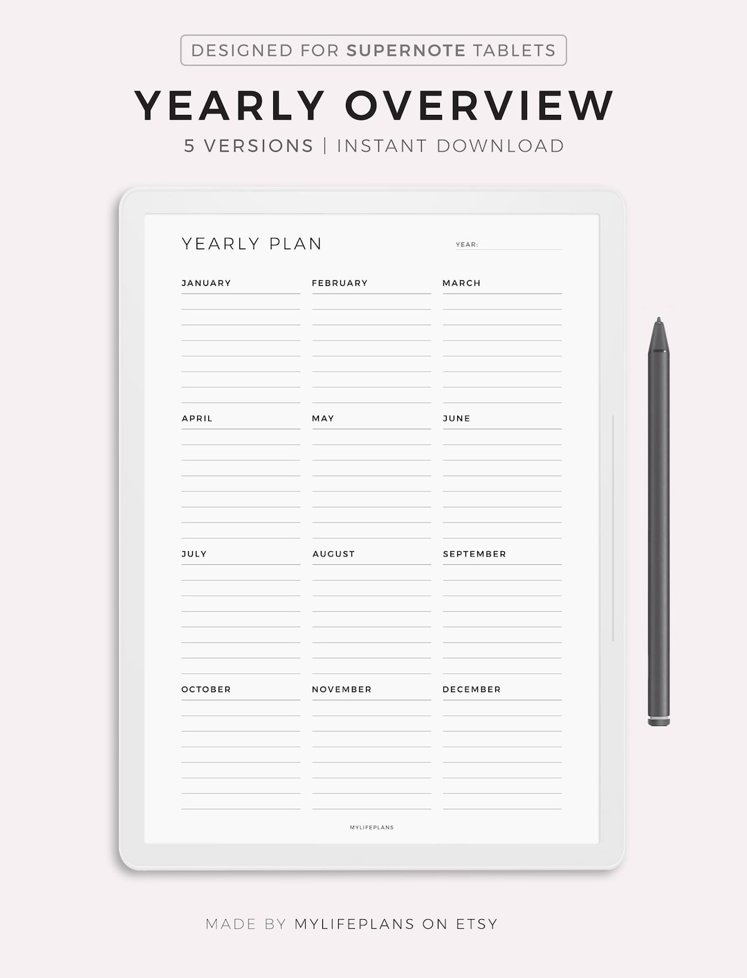 Yearly Overview, Yearly Planner on One Page, Year at a Glance, Undated ...