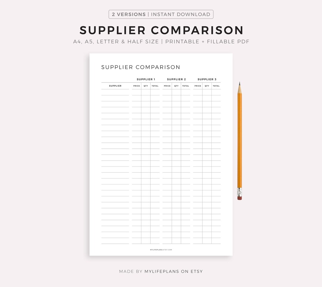 Supplier Comparison Sheet Printable & Fillable, Compare Suppliers for ...