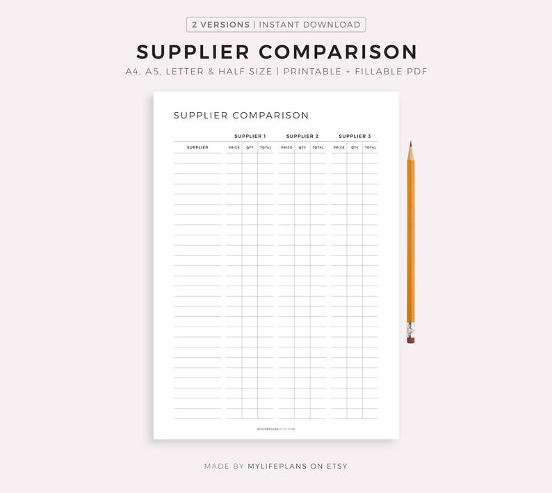 Supplier Comparison Sheet Printable & Fillable, Compare Suppliers for ...