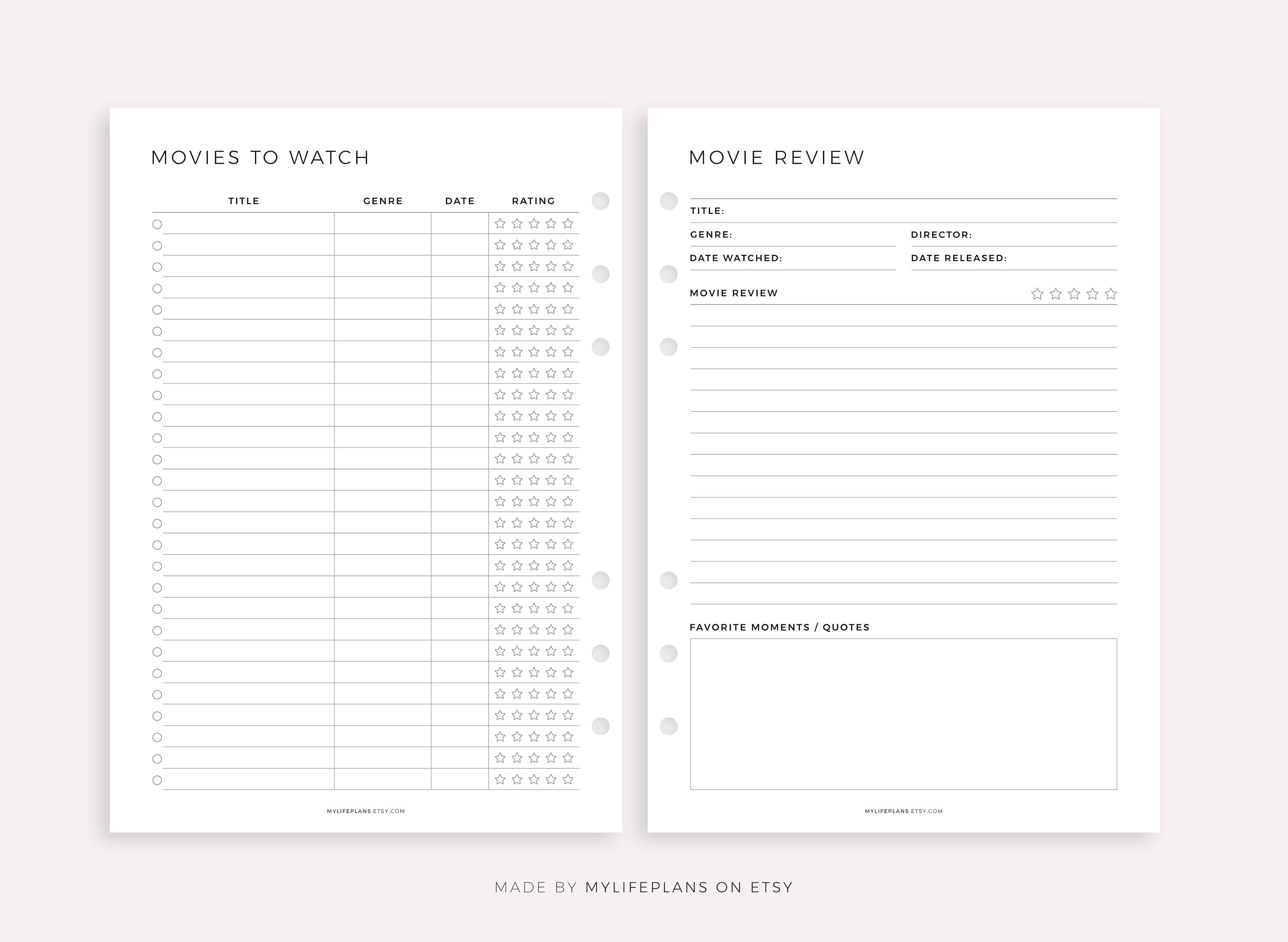 Movies to Watch & Review Page Printable and Fillable PDF, A4/a5/letter ...
