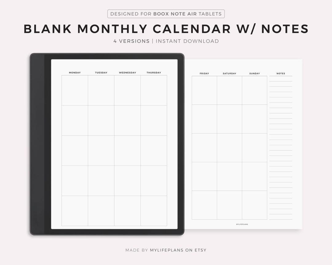 Blank Monthly Calendar With Notes, 2 Page Calendar Template, Compatible ...