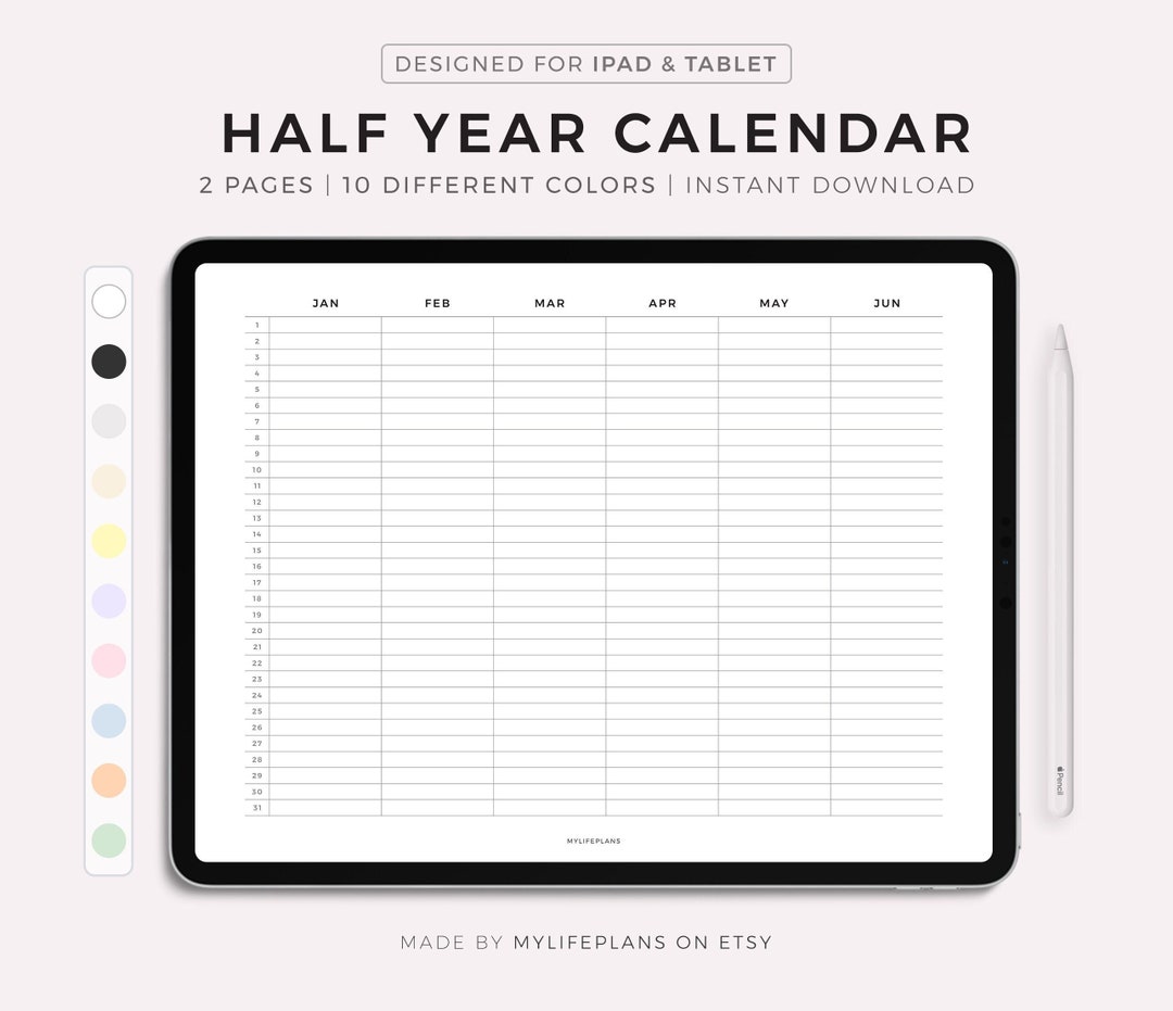 Digital Half Year Calendar Landscape, Undated Calendar on 2 Pages ...