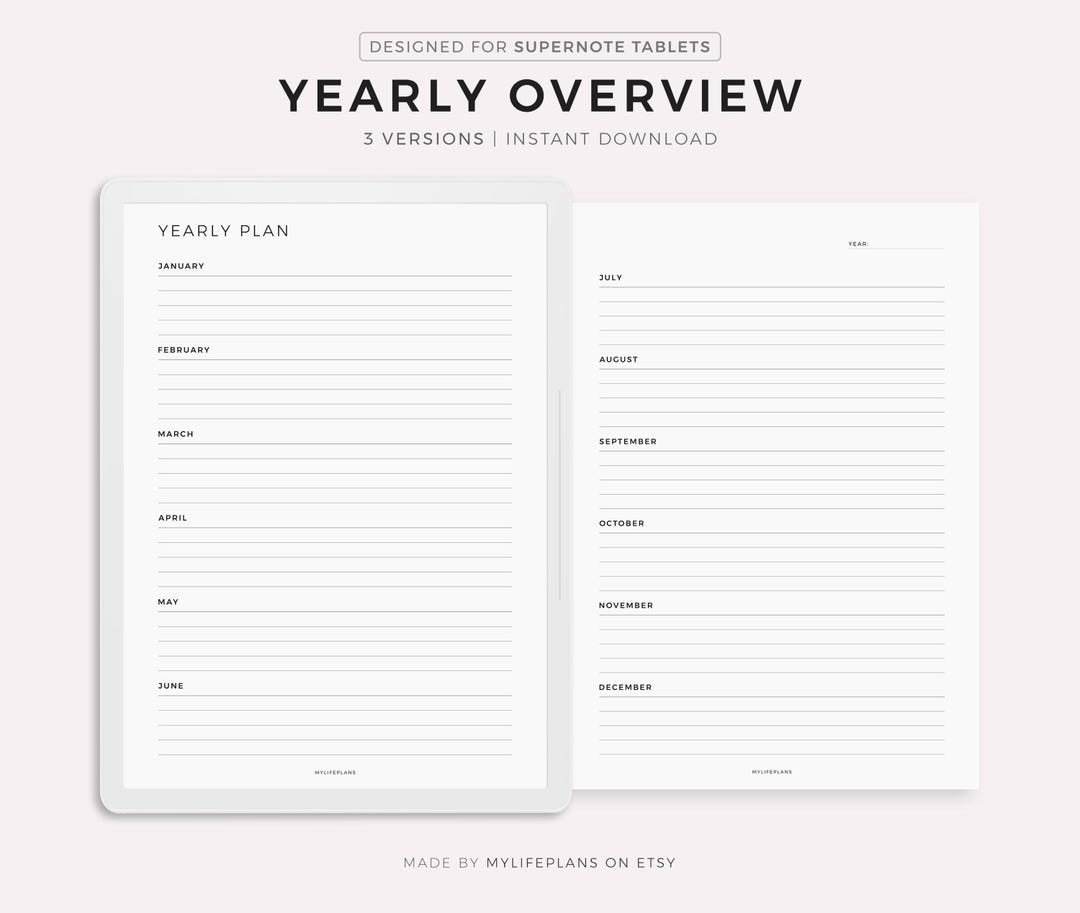 Yearly Overview, Two Page Yearly Planner, Year at a Glance, Compatible ...