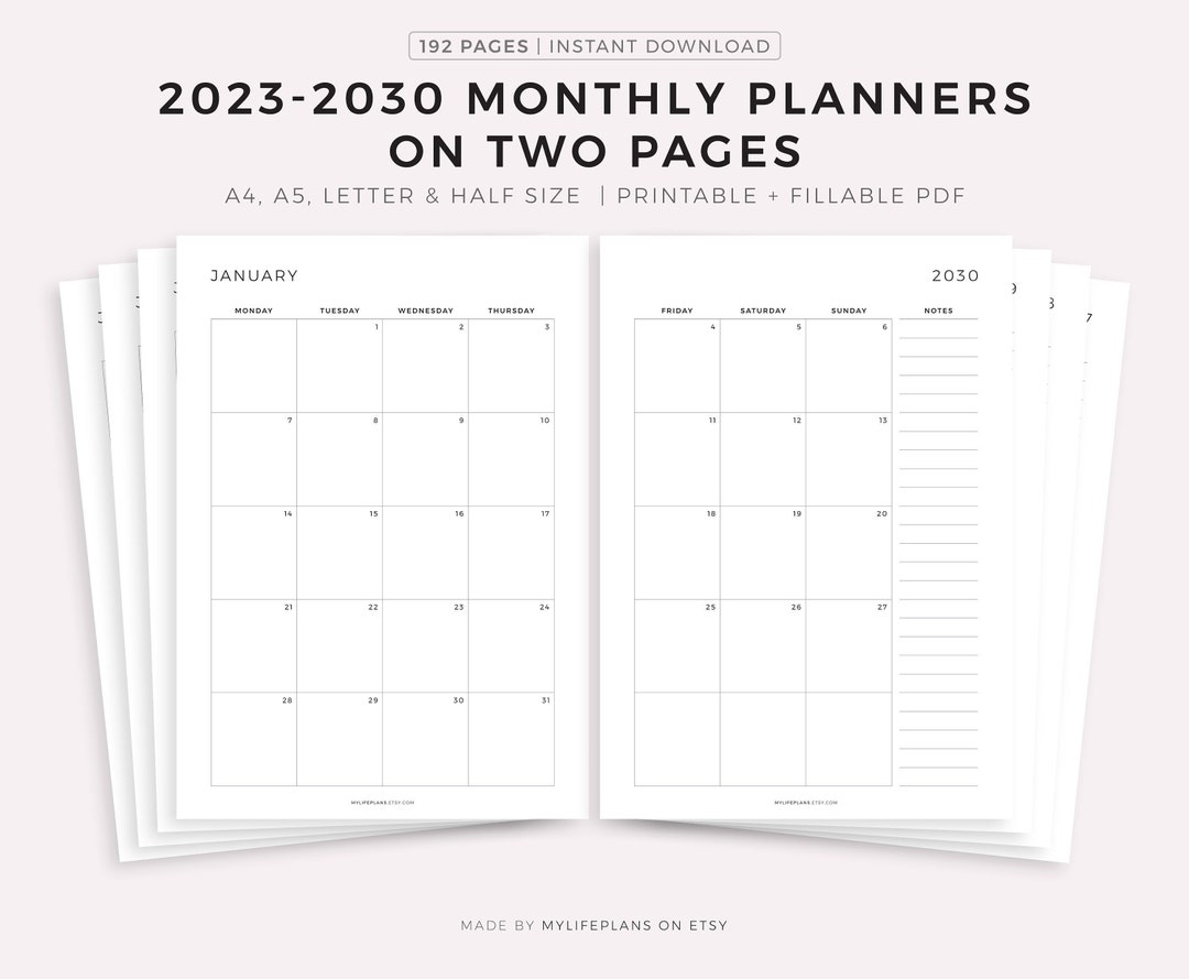 2024-2030 Monthly Calendars on Two Pages With Notes, Printable Calendar ...