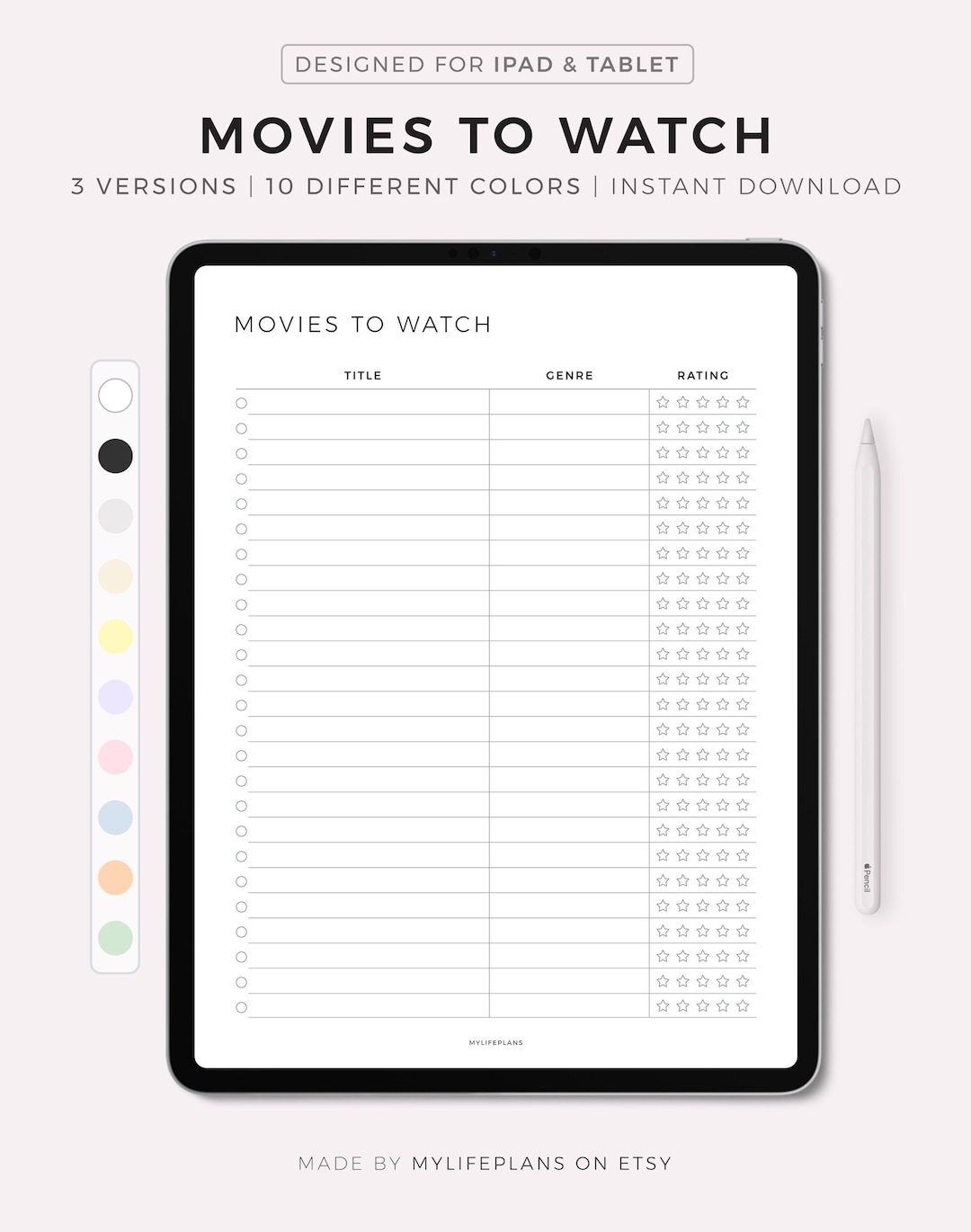 Movies to Watch Digital Planner, Film Journal, Movie Tracker ...