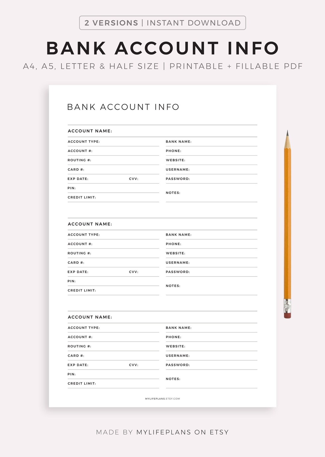 Bank Account Information Tracker Printable, Bank Account Log, Bank ...