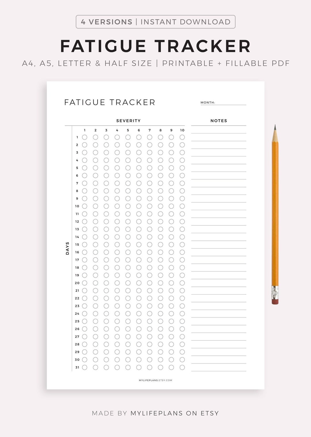 Monthly Fatigue Tracker Printable Template, Track Daily Fatigue ...