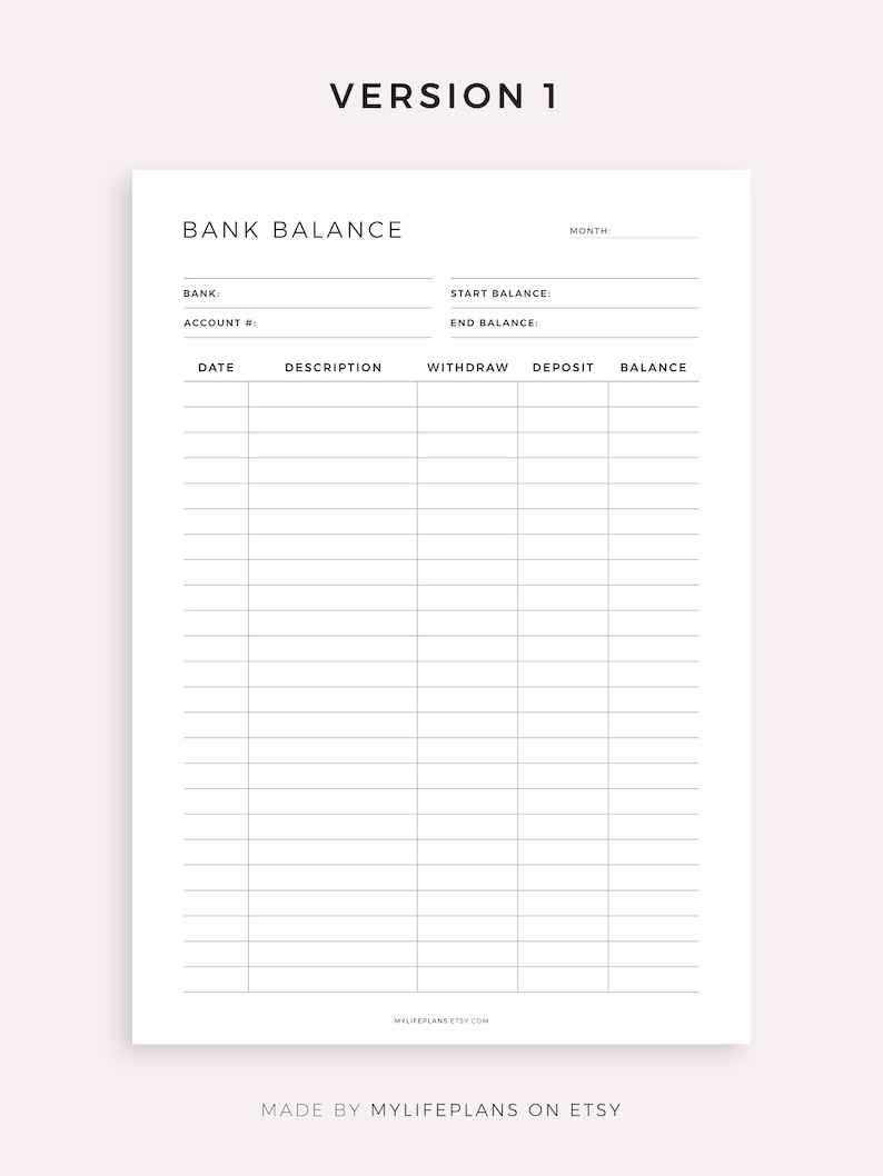 Bank Balance Sheet Printable, Bank Account Transactions Tracker ...