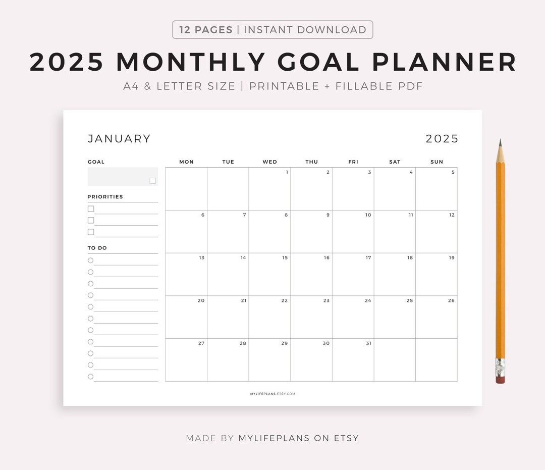 2025 Dated Monthly Goal Planner Landscape, Monthly Organizer on One ...