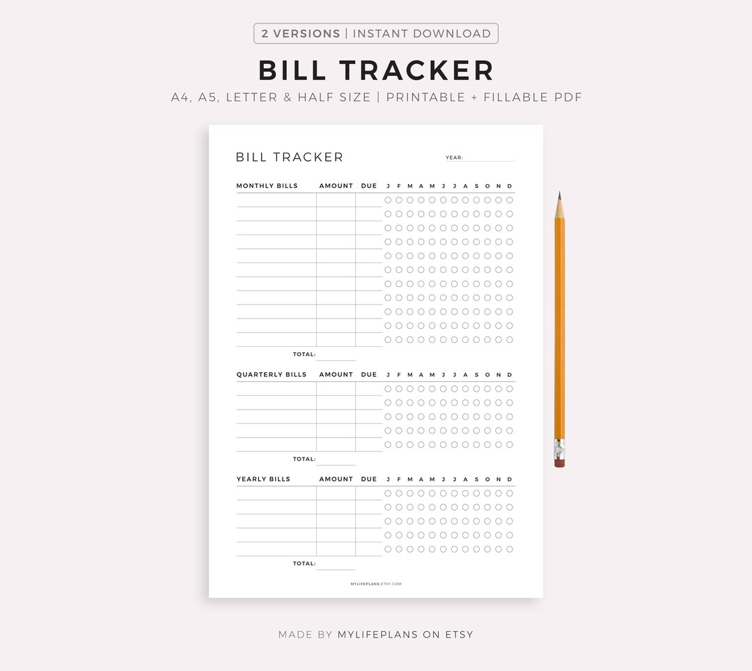 Monthly, Quartly, Yearly Bill Tracker on One Page Printable, Bill ...