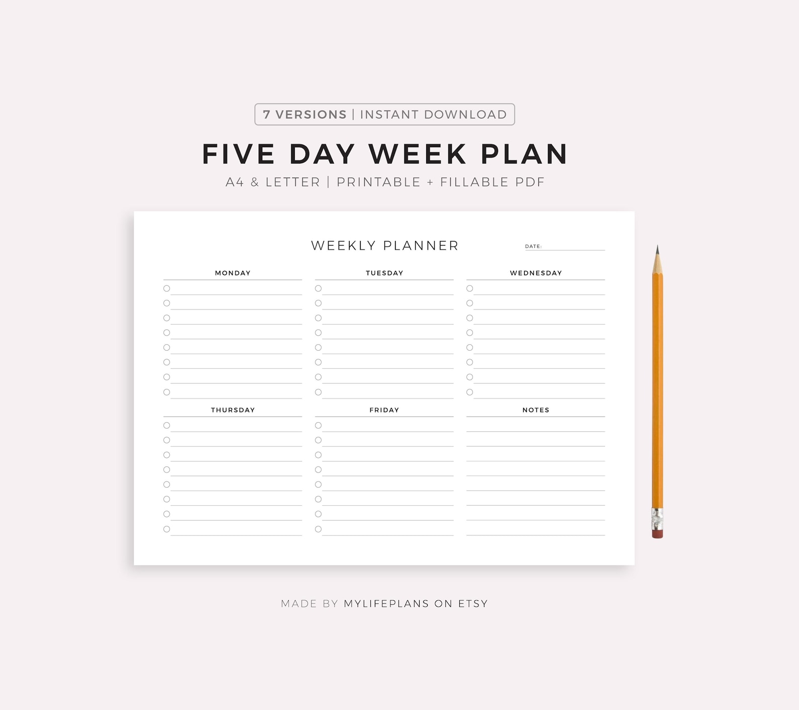 Five Day Weekly Planner Printable to Do List, Weekly Schedule, Week at ...