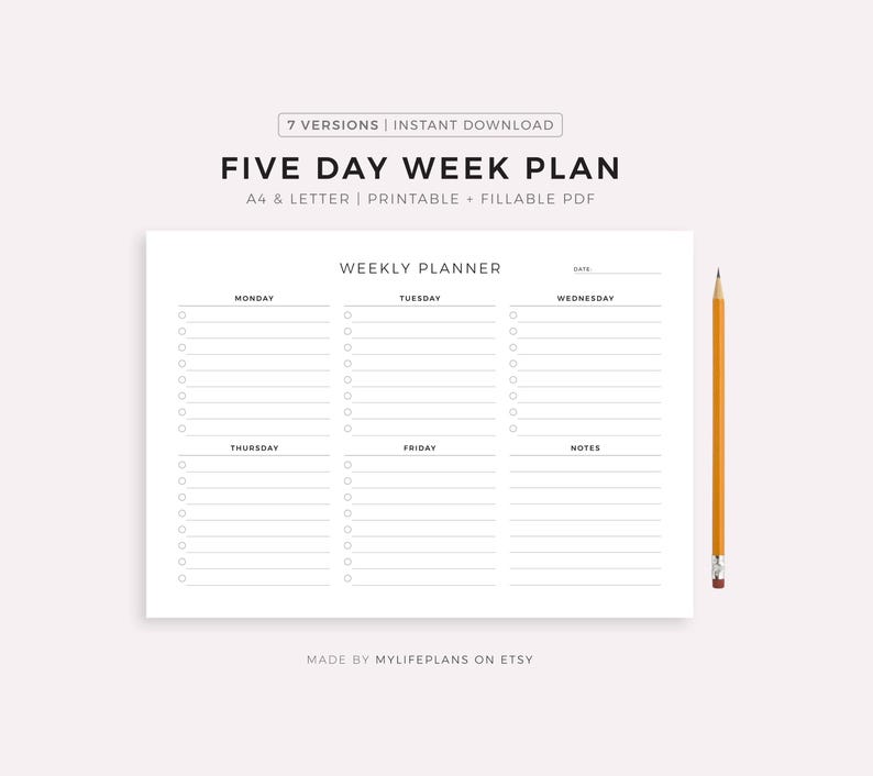 Five Day Weekly Planner Printable to Do List, Weekly Schedule, Week at ...