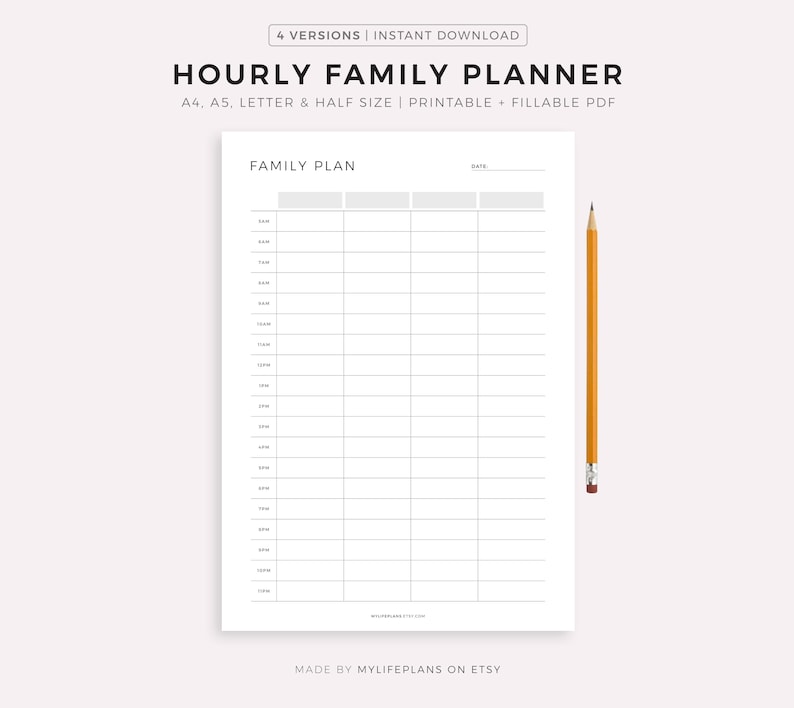 Hourly Family Planner Printable, Family Daily Planner, Family Schedule ...