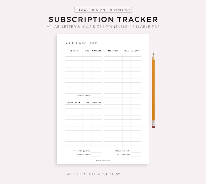 Monthly, Quarterly, Yearly Subscription Tracker Printable, Membership ...
