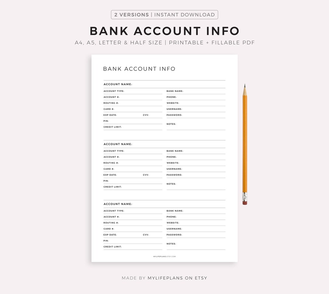 Bank Account Information Tracker Printable, Bank Account Log, Bank ...