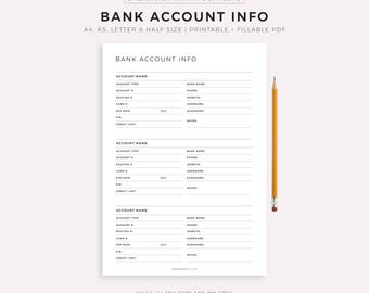 Bank Account Information Tracker Printable, Bank Account Log, Bank ...