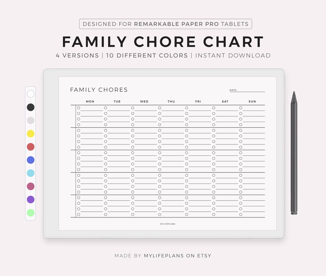 Family Chore Chart for Remarkable Paper Pro, Landscape, Weekly ...